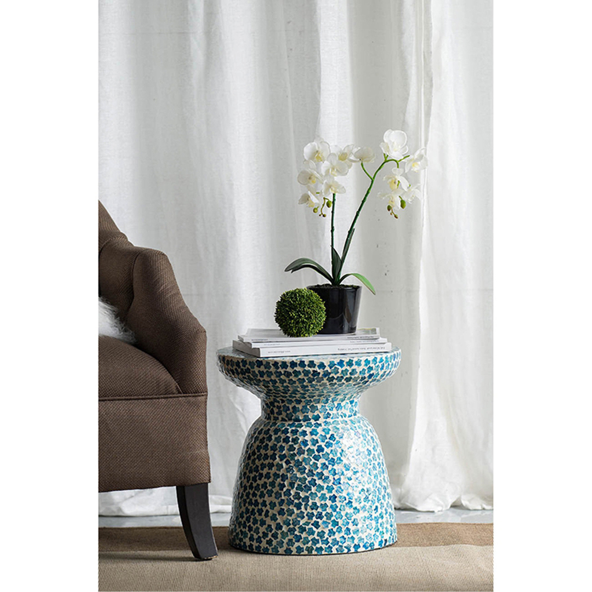 Wrought Studio D15x16" Capiz Garden Stool Small Side Tabel, Blue Accent Round End Table ...